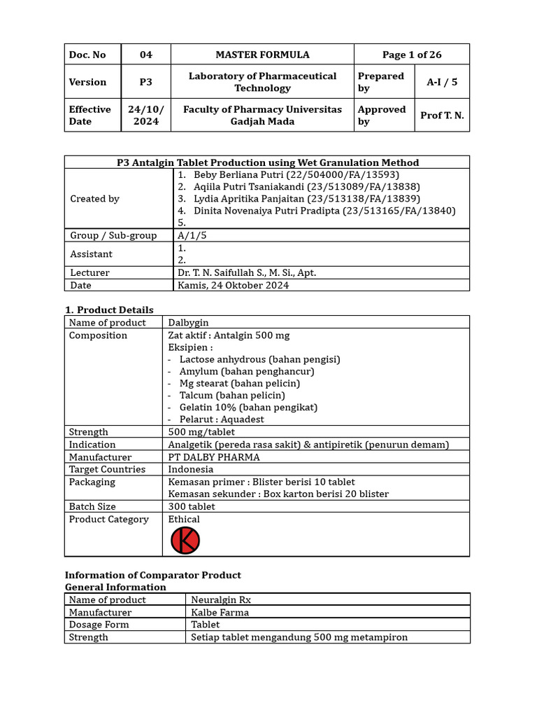 Antalgin Tablet Production Using Wet Granulation Method | PDF