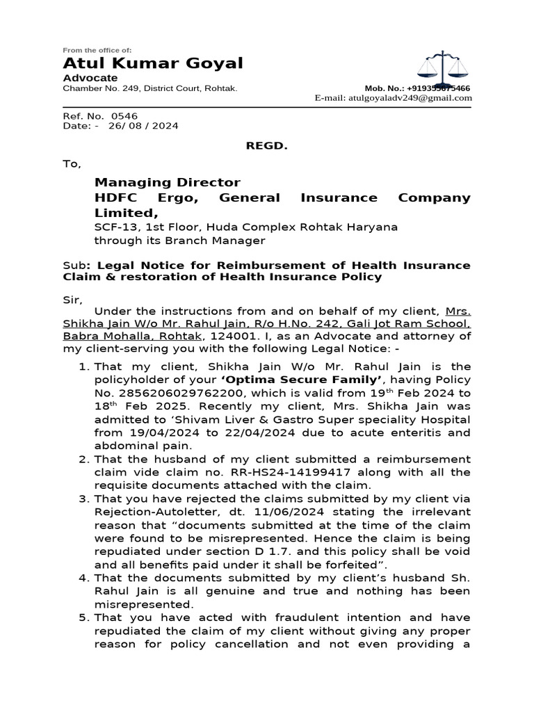 Legal Notice for Health Claim Reimbursement | PDF | Insurance | Civil ...