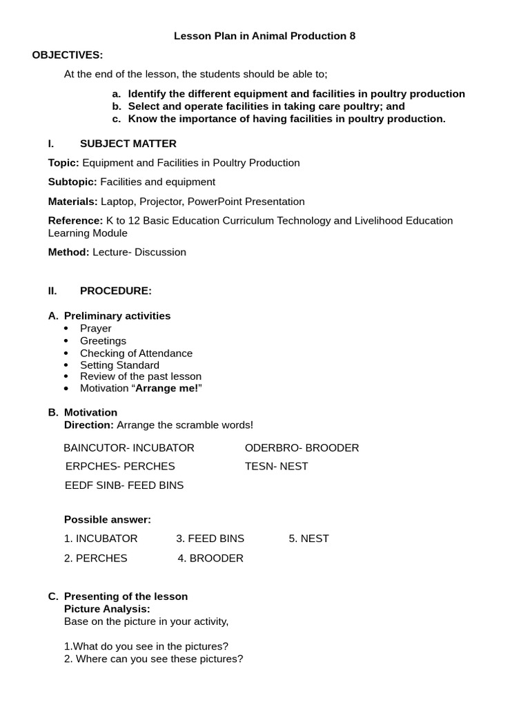 Lesson plan in Select and Operate Farm Equipment | PDF | Chicken | Birds