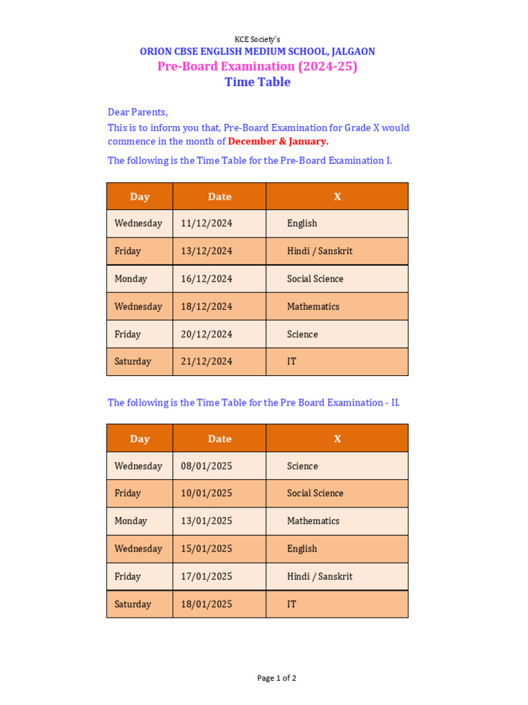 Class 10 Pre-Board Exam Schedule 2025 | PDF