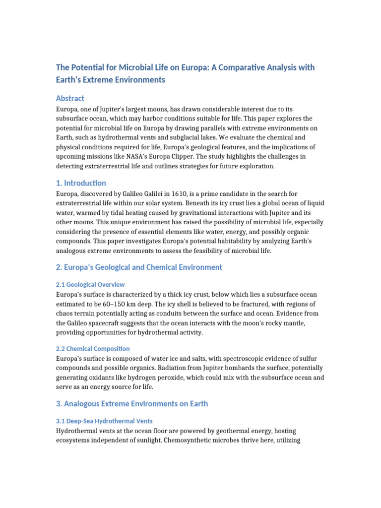 Europa Microbial Life Research Paper | PDF | Europa (Moon) | Earth Sciences