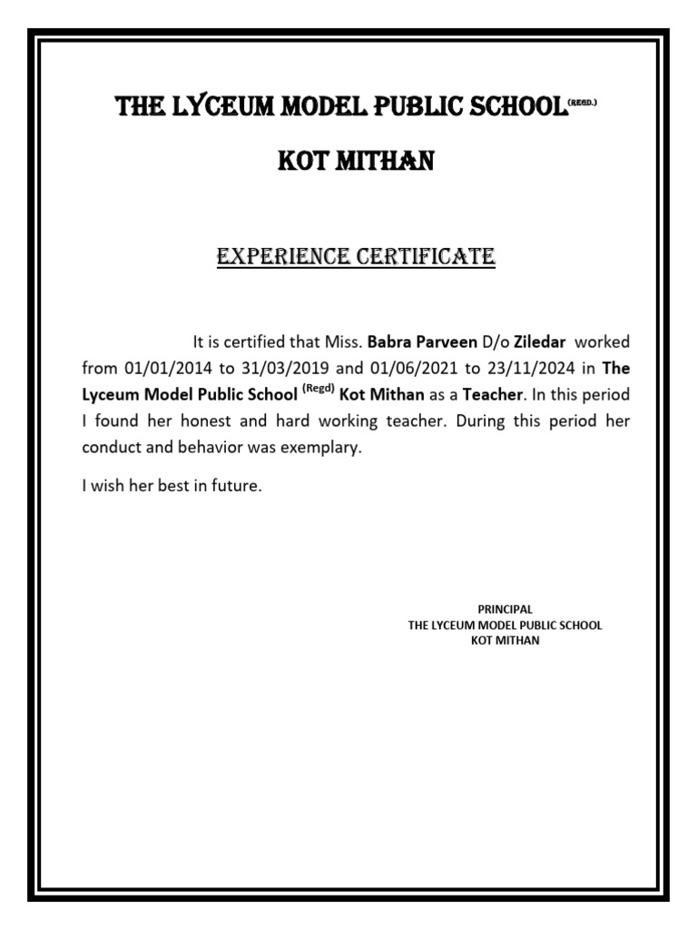TEACHER Experience Certificate | PDF