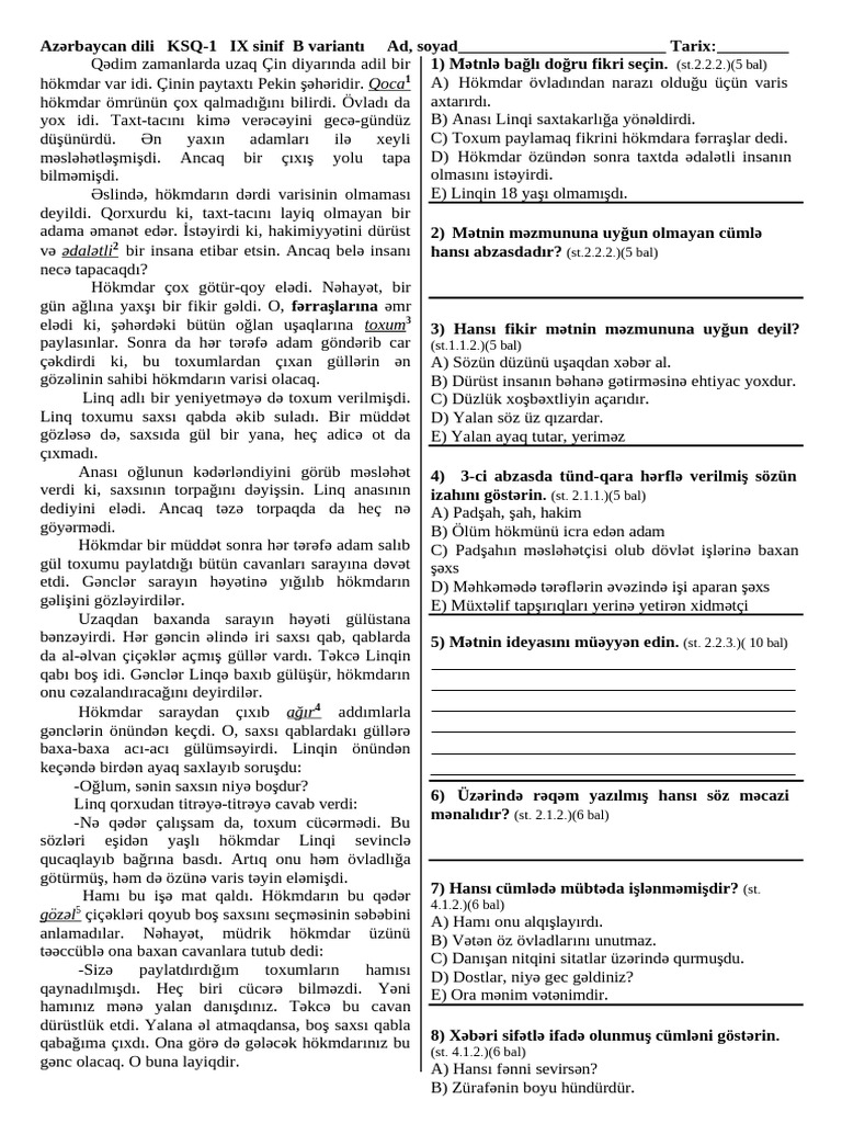 Azərbaycan Dili IX Sinif KSQ-1 B Variantı 2024-2025 | PDF