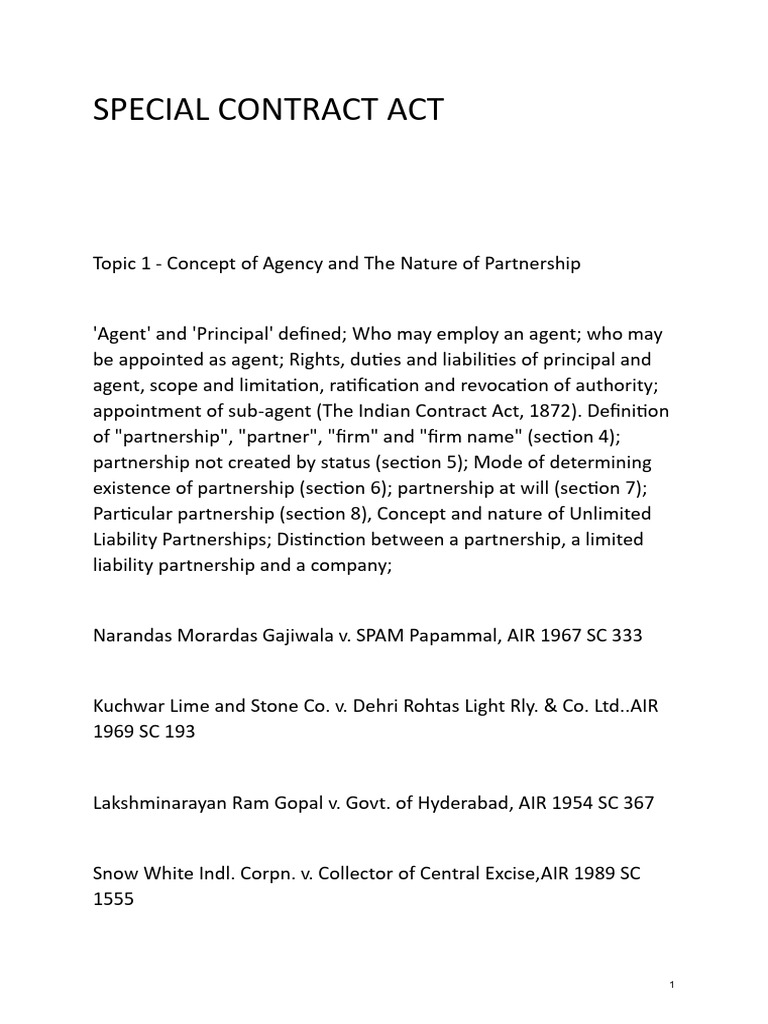 Summary of SPECIAL CONTRACT ACT | PDF | Partnership | Law Of Agency