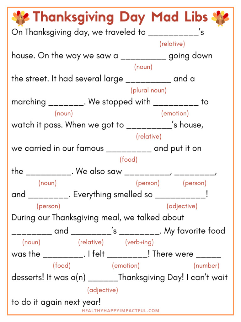 Thanksgiving Mad Libs 3 | PDF | Linguistics | Cuisine
