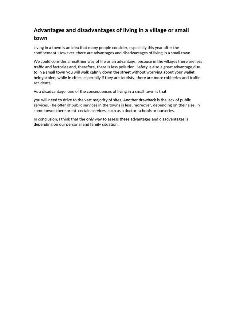 Advantages and Disadvantages of Living in A Village or Small Town | PDF ...