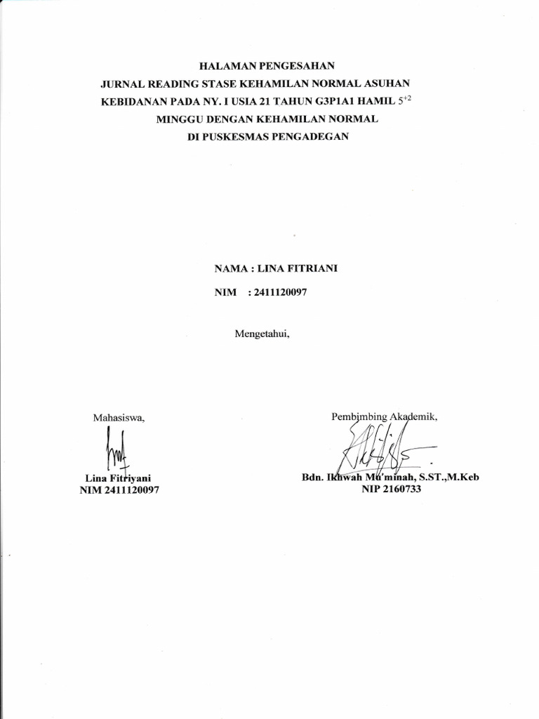 Halaman Pengesahan Jurnal Reading Stase Kehamilan Normal | PDF