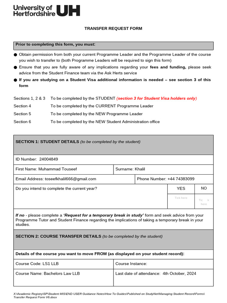 Course Transfer Request Form | PDF | Travel Visa