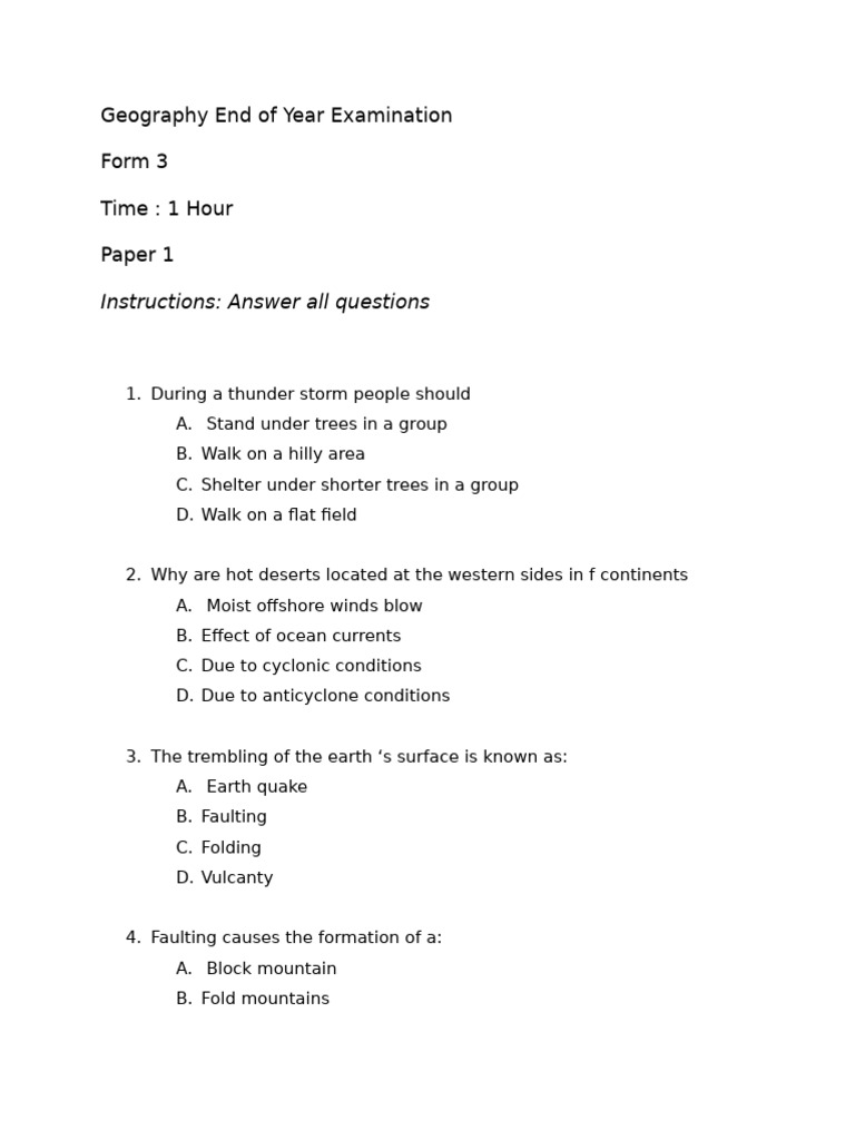 Geography Form 3 End of Year Exam | PDF | Agriculture | Mountains