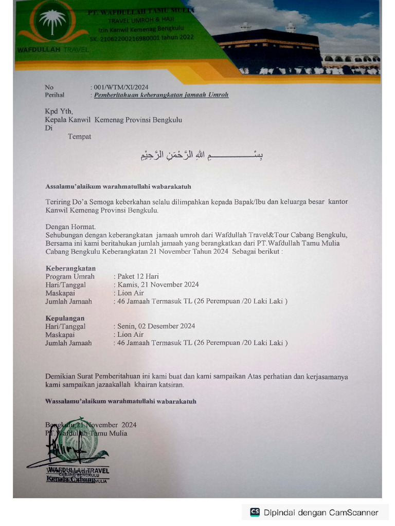 Surat Pemberitahuan Keberangkatan 21 Nov 2024 | PDF