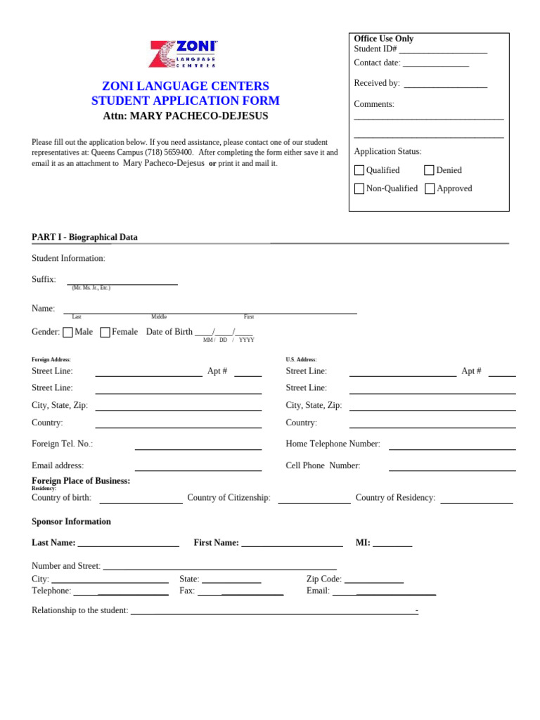 Zoni Language Centers Application Form | PDF | Travel Visa | Passport