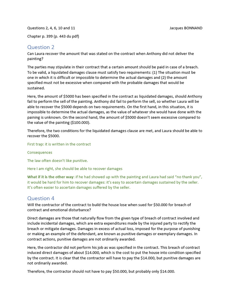 Case Questions - Breach of Contract and Remedies | PDF | Damages ...