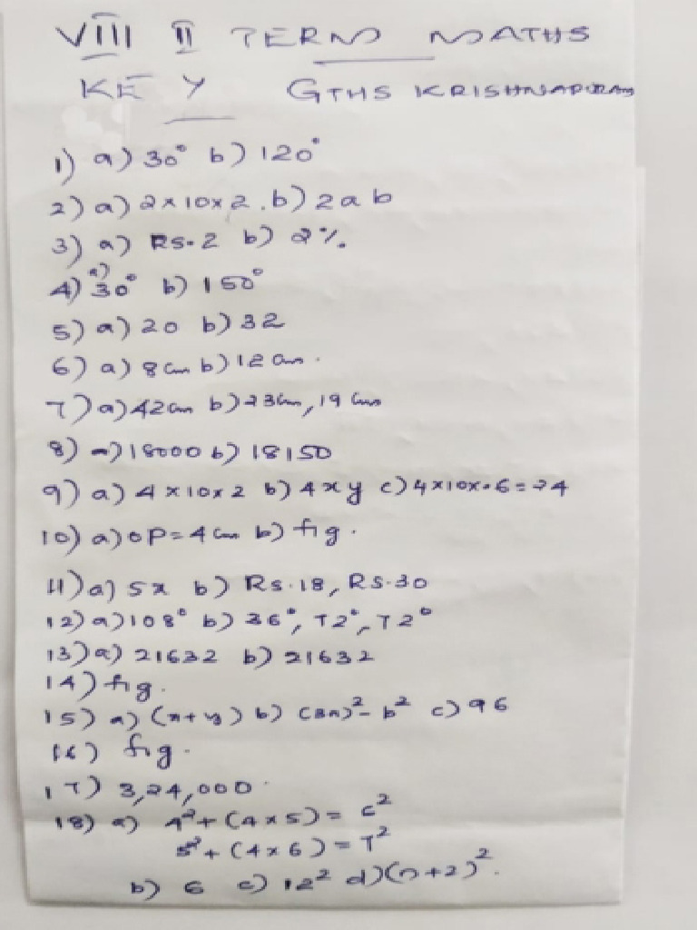 MATHS (EM) Answer Key Kerala Class 8 Second Term Exam Dec 2019 | PDF