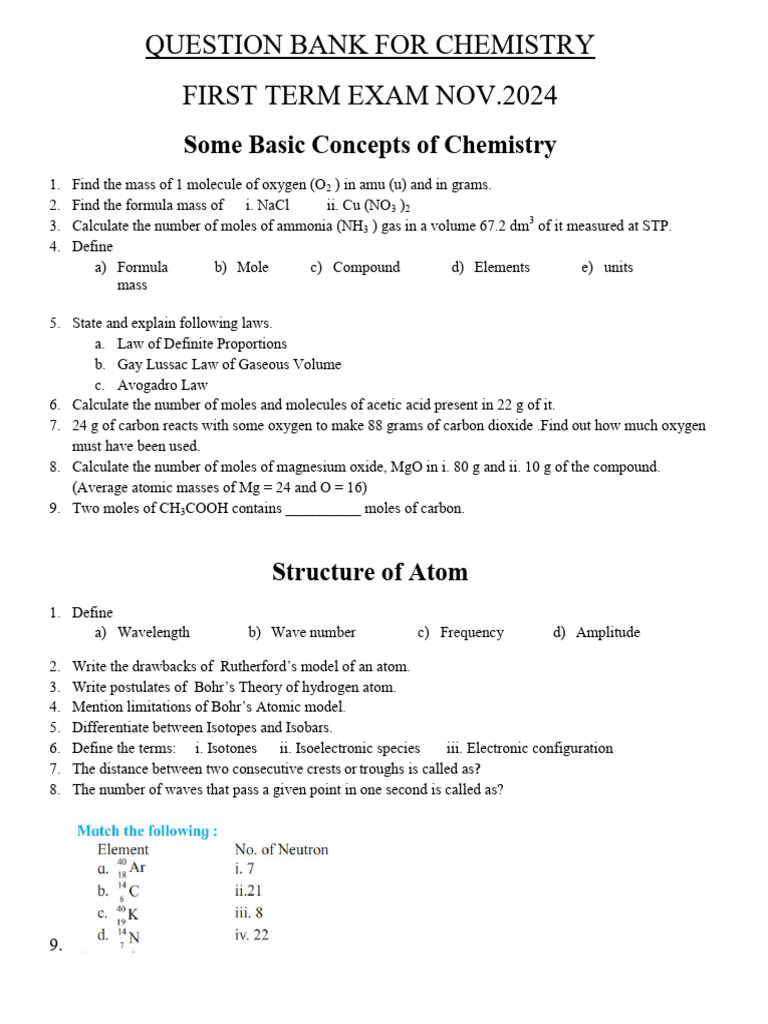 Chemistry Terminal Exam QB | PDF | Gases | Mole (Unit)