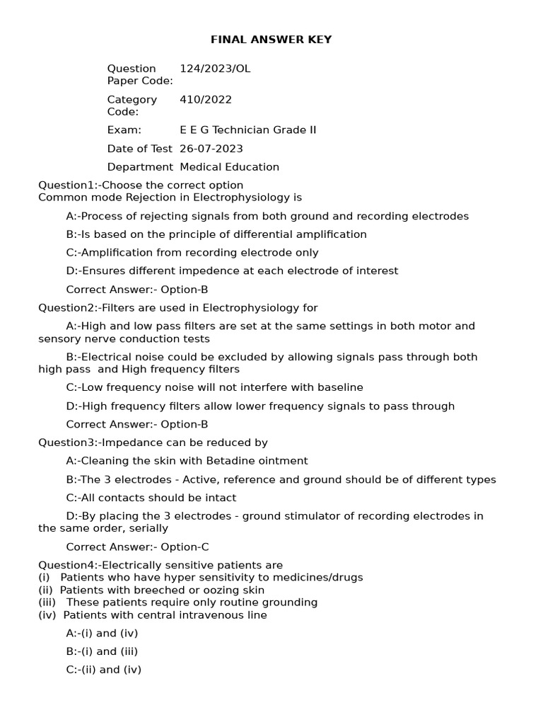 EEG Technician Exam Answer Key 2023 | PDF | Electroencephalography ...
