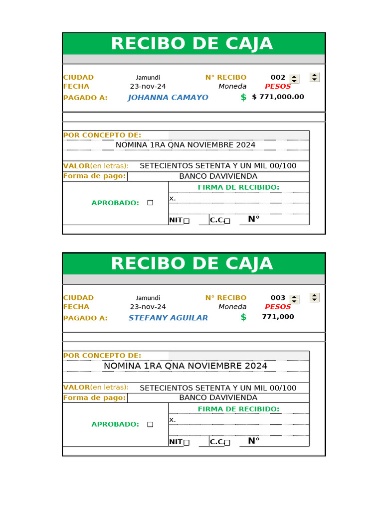 Recibo de Caja Egreso Nomina Empleados | PDF