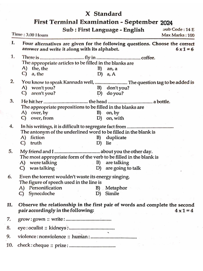 10th STD First Language English Midterm Exam Paper 2024-25 | PDF