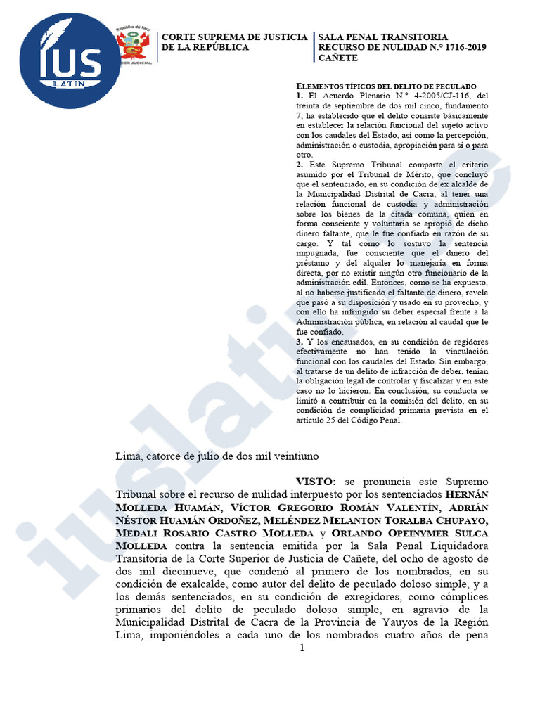 Nulidad del Recurso SCP 1716-2019 Cañete | PDF | Sentencia (ley) | Ley ...