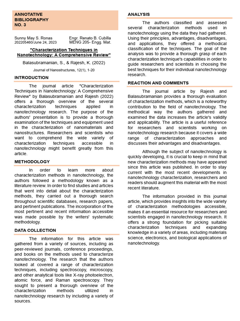 Ronas, Sunny May - Annotative Bibliography 03 | PDF | Nanotechnology | Methodology