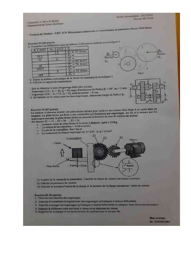 Corrigé Type de Lexamen ELM2024 Mécanismes | PDF