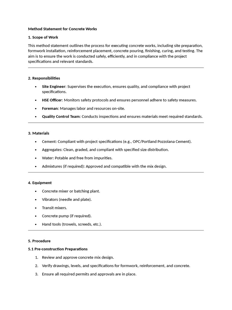 Method Statement For Concrete Works | PDF | Concrete | Secondary Sector ...