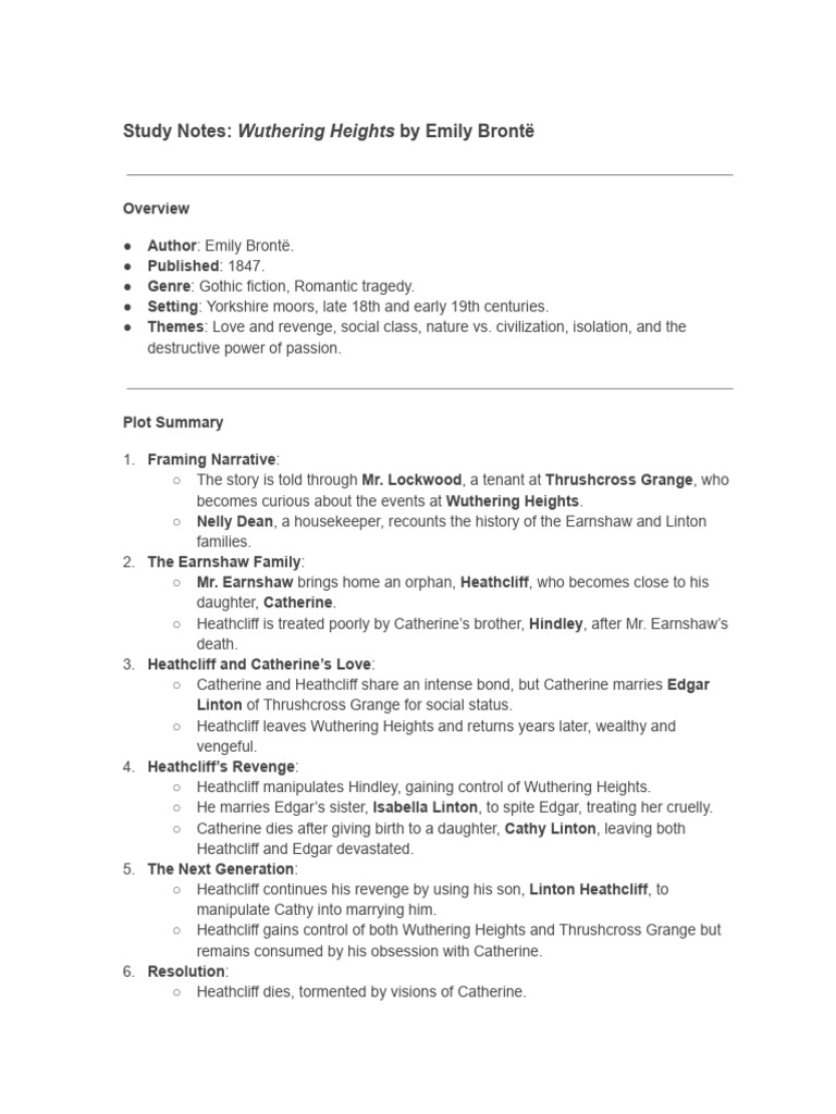 Study Notes - Wuthering Heights by Emily Brontë | PDF | Wuthering ...