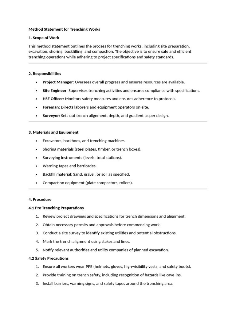 Method Statement For Trenching Works | PDF | Trench | Occupational Safety And Health