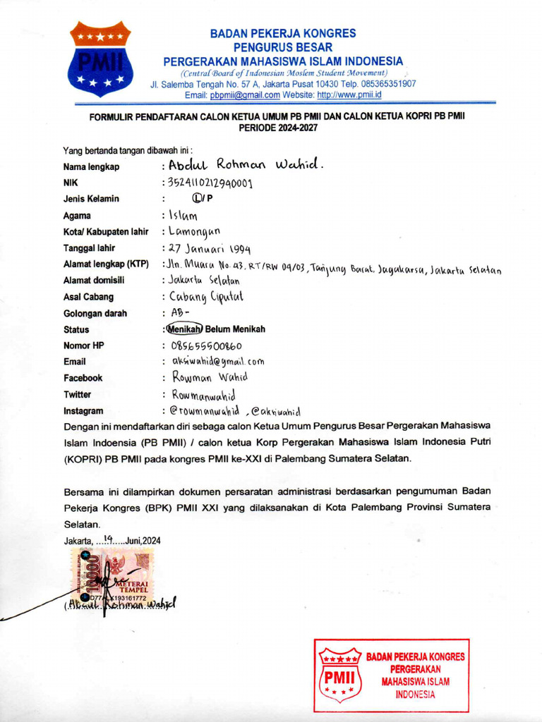 Abdul Rohman Wahid - Dokumen Berkas Bakal Calon | PDF