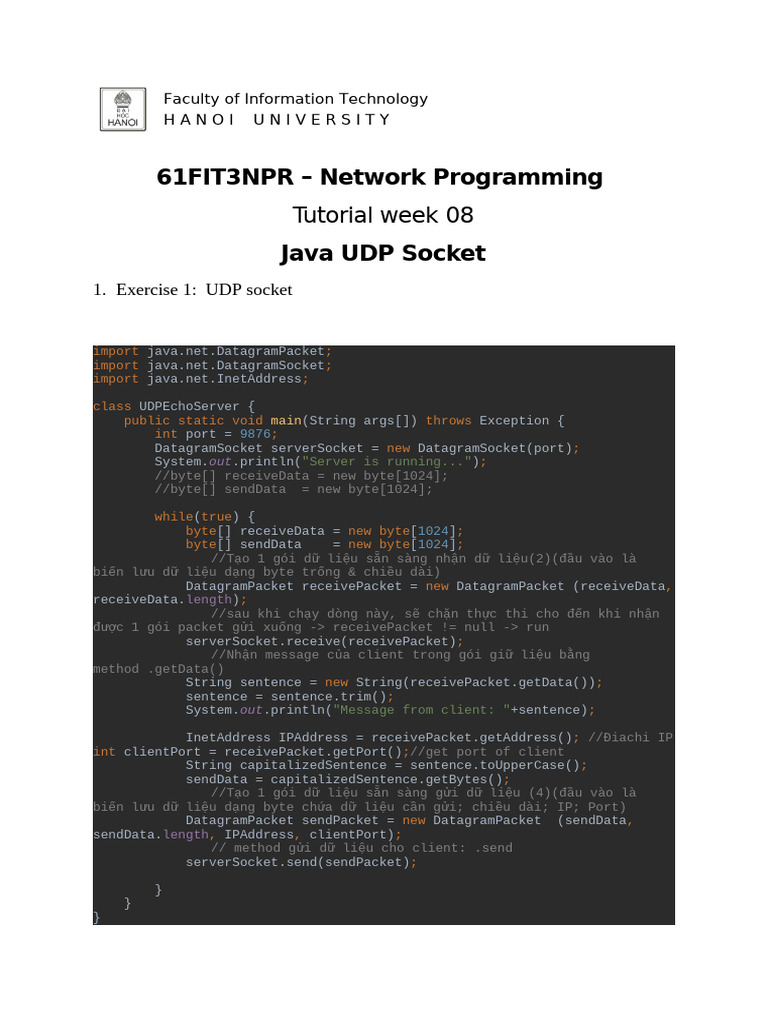 61FIT3NPR - W08 Tut UDP Socket New | PDF | Server (Computing) | Internet Protocols