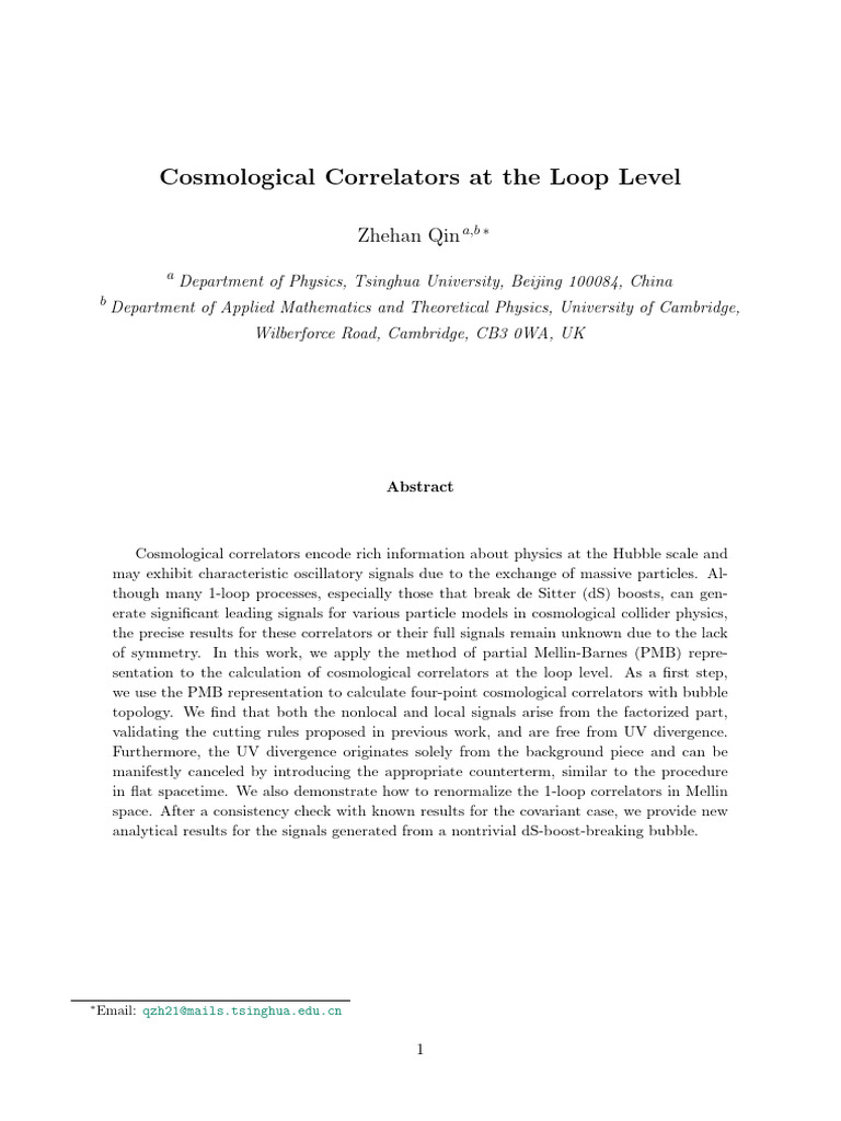Cosmological Correlators at The Loop Level: Zhehan Qin | PDF ...