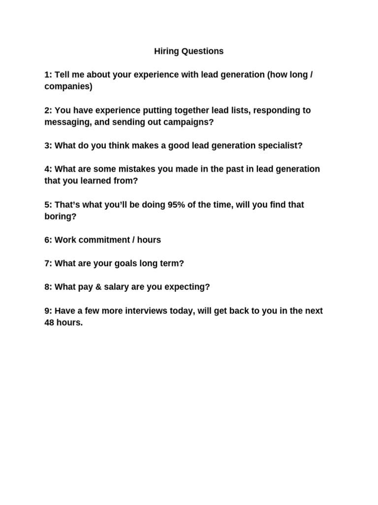 Lead Gen Hiring Questions | PDF | Career & Growth