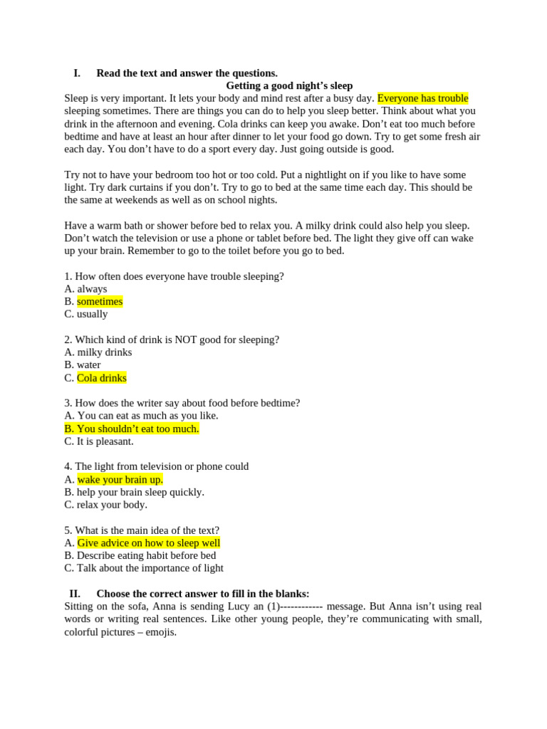 I. Read The Text and Answer The Questions. Getting A Good Night's Sleep ...