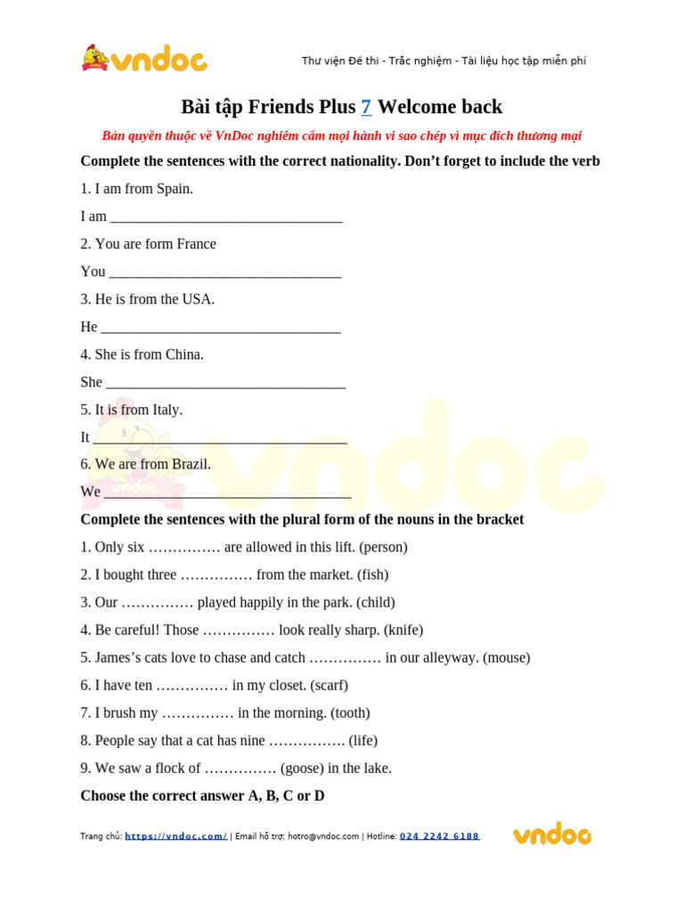 Bai Tap Friends Plus 7 Welcome Back | PDF