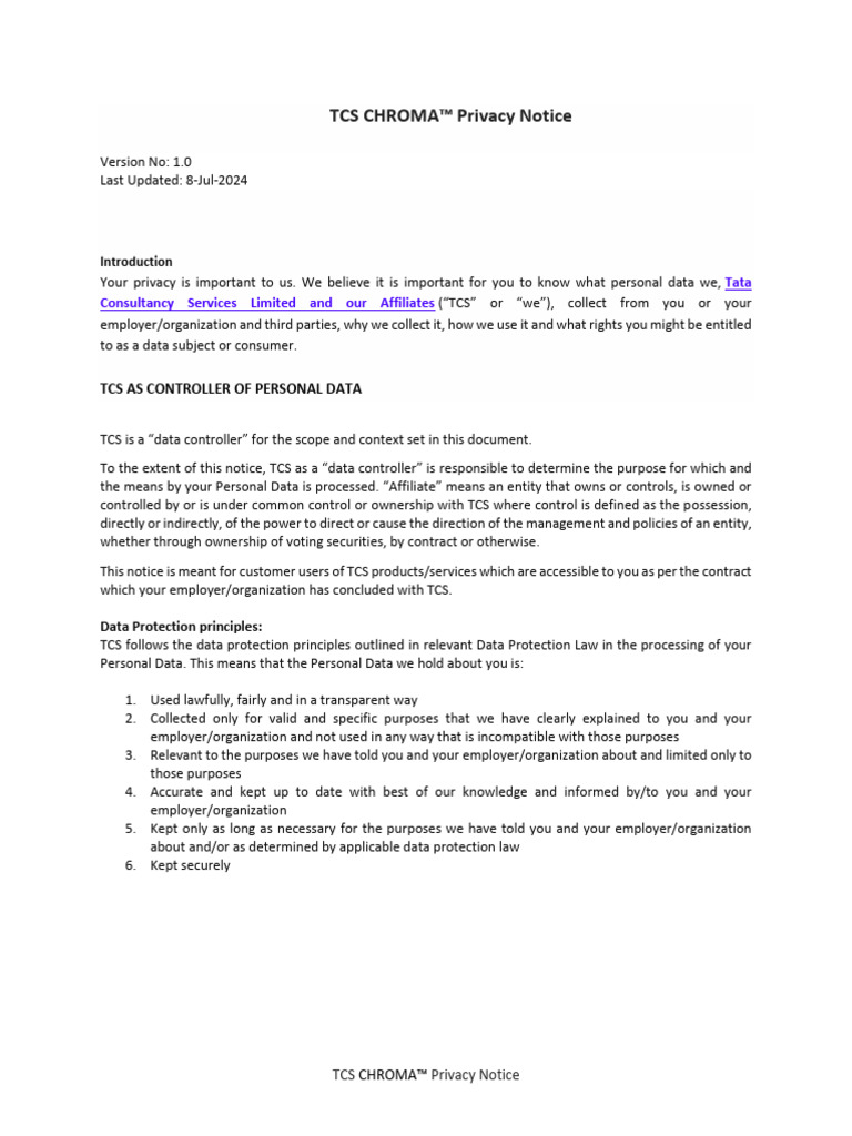 TCS CHROMA™ Privacy Notice | PDF | Privacy | Information Privacy