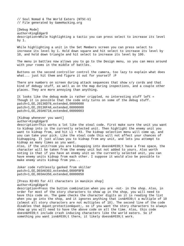 Soul Nomad Debug and Cheat Codes | PDF | Computers