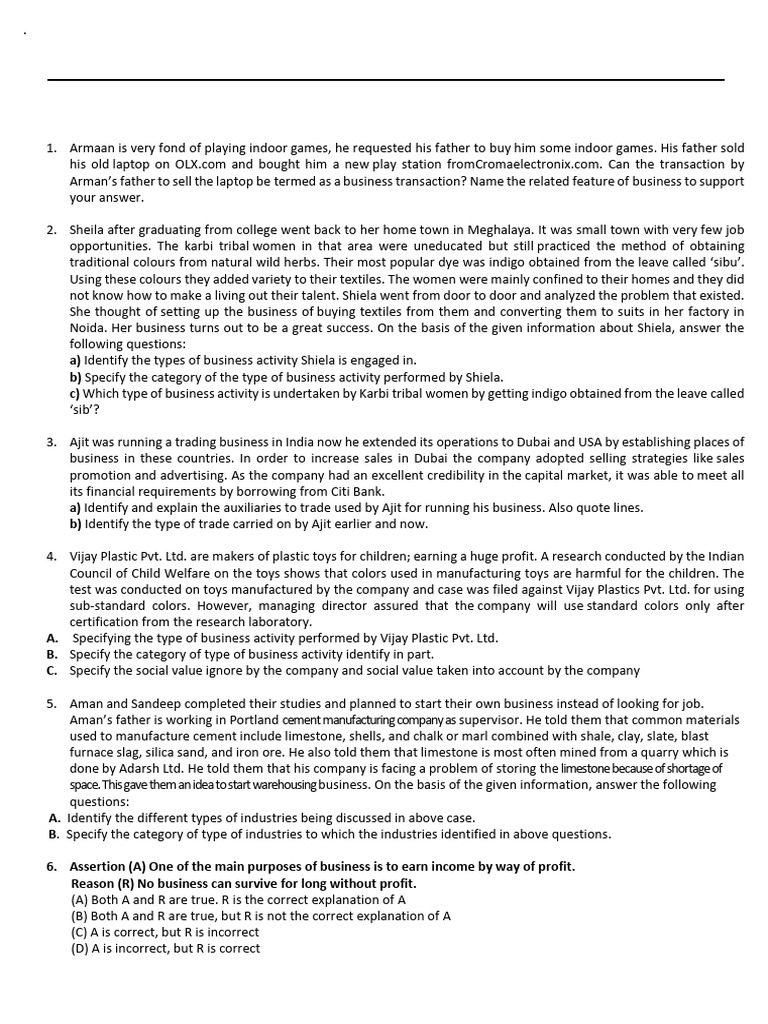 Class 11 BST Summer Assignment | PDF | Cement | Business