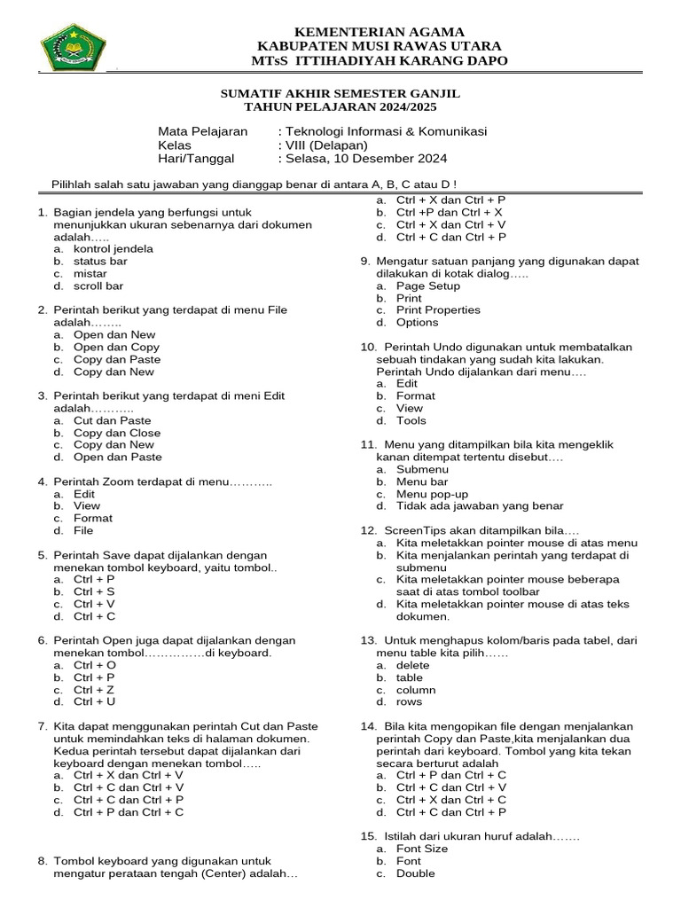 Soal Kls 8 TIK Semester Ganjil 2024-2025 | PDF