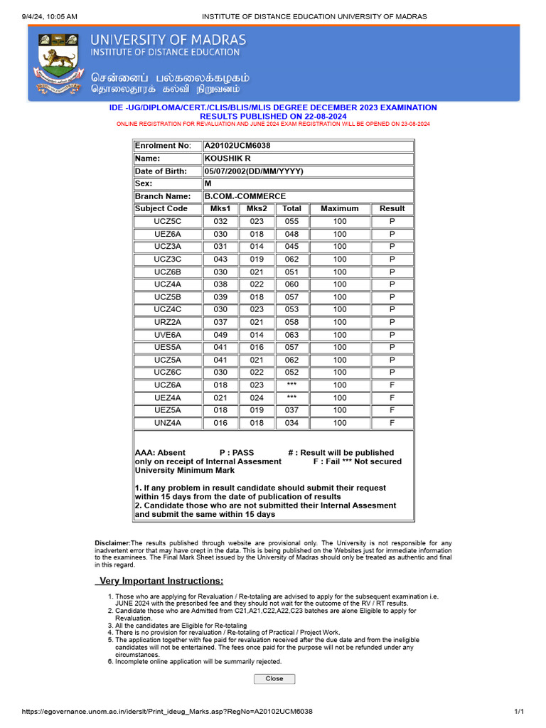 Madras University Distance Education Results | PDF