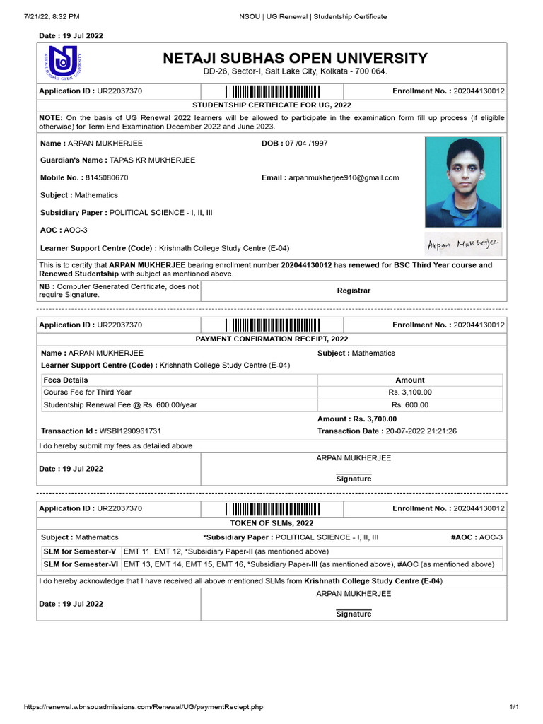 Nsou Ug Renewal Studentship Certificate Pdf Finance Money