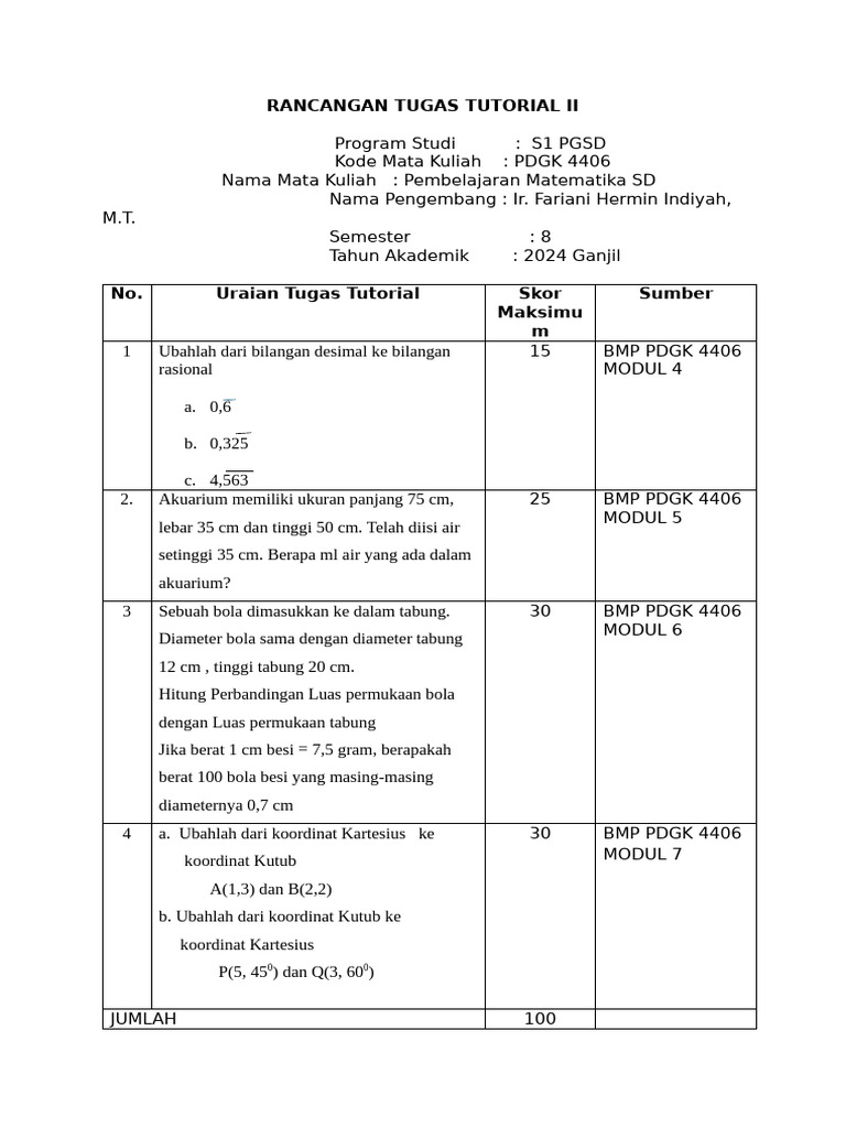 Rancangan Tugas Tutorial II Pembel MTK | PDF