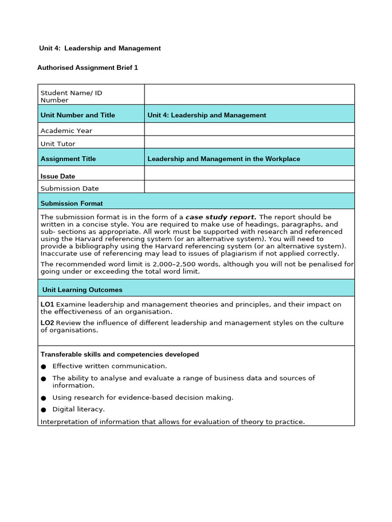 Assignment Breif-Unit 4 (Leadership & Management) | PDF | Leadership ...
