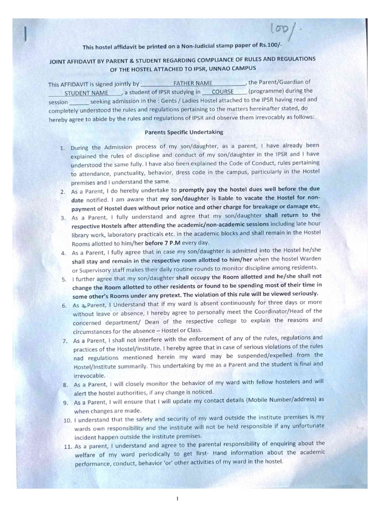 Hostel Affidavit | PDF