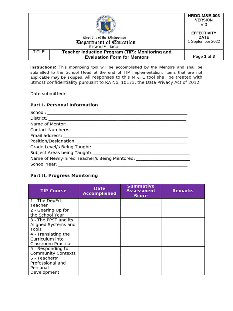 TIP Monitoring Form for Teacher Mentors | PDF | Mentorship | Teachers