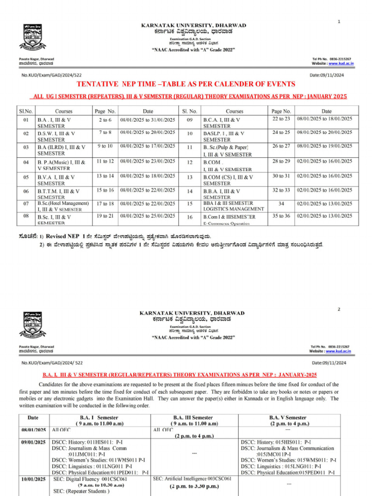 NEP 1 Sem (Repeater) 3 & 5 Sem (Regular) Time Table Jan-2025 | PDF