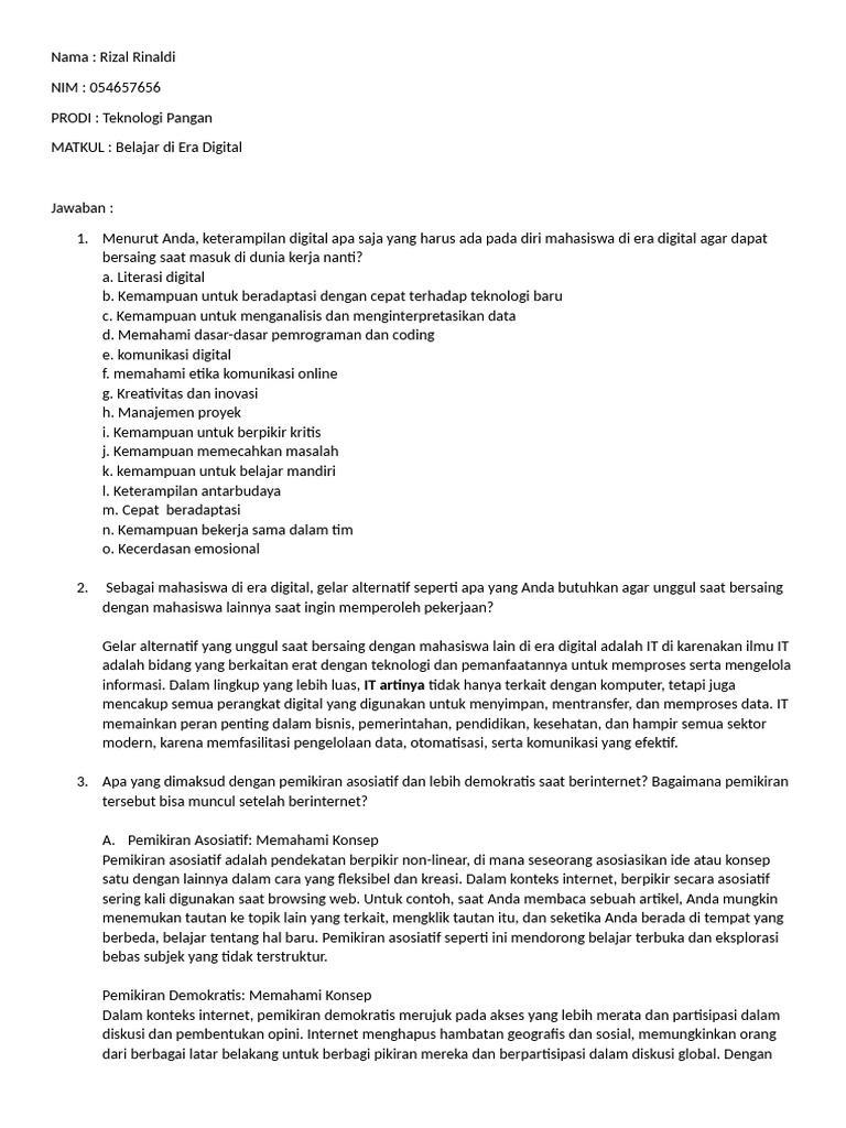 Tugas 1 Belajar Di Era Digital. Rizal Rinaldi, NIM 054657656 (Program Studi Teknologi Pangan) | PDF