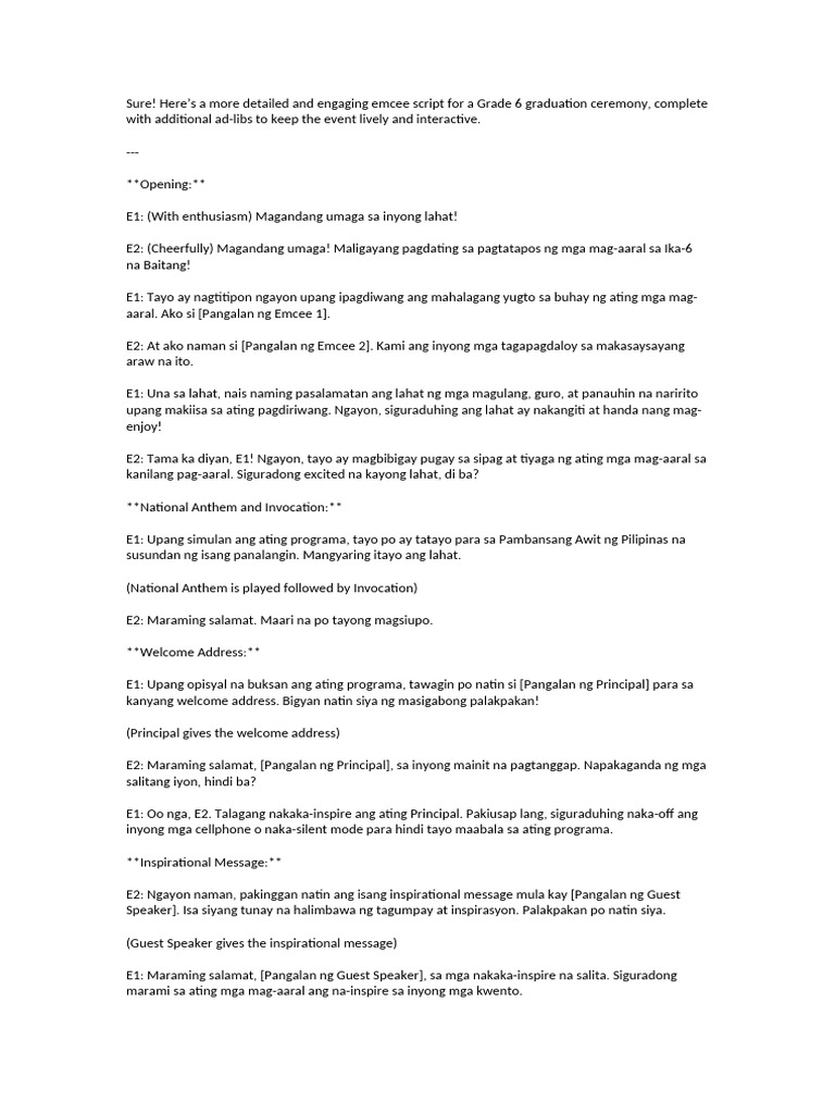 GRADE 6 GRADUATION 2 EMCEES Tagalog | PDF