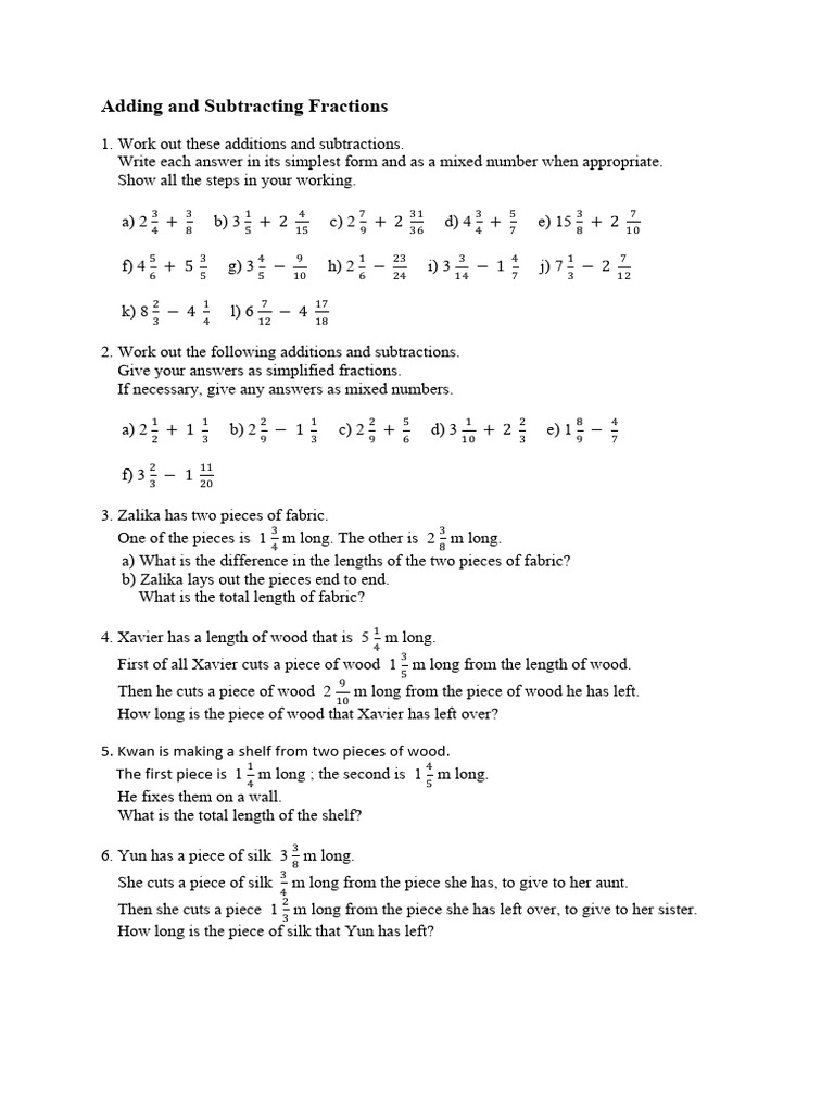 Adding And Subtracting Fractions Pdf Mathematical Notation Arithmetic