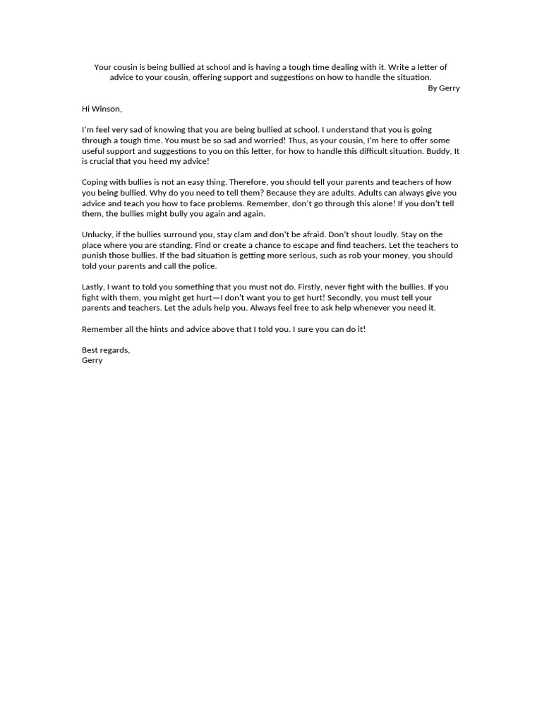 Letter of Advice 1 (Case of Cousin Being Bullied) | PDF