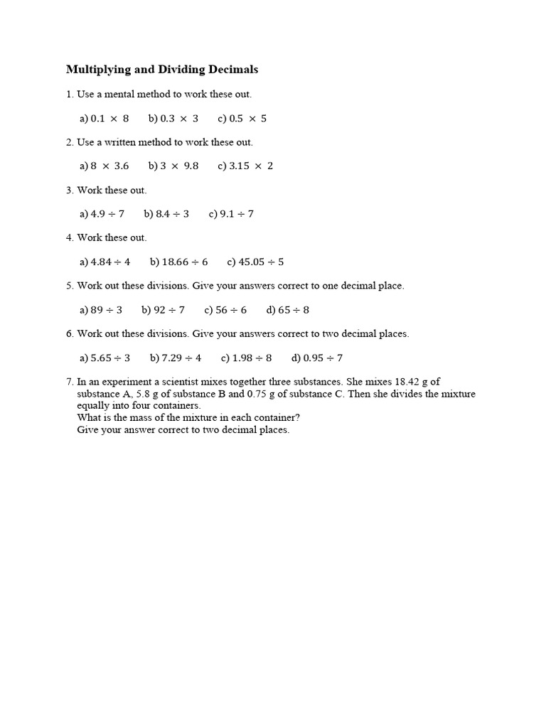 Multiplying and Dividing Decimals | PDF