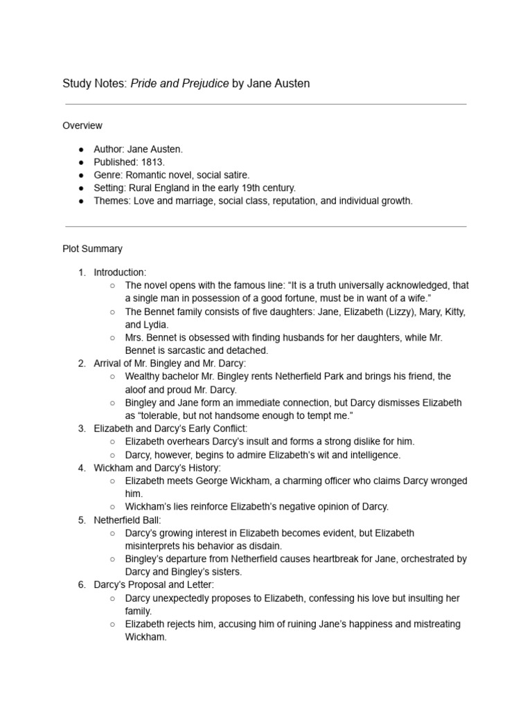 Study Notes - Pride and Prejudice by Jane Austen | PDF | Mr. Darcy ...